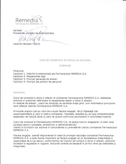 Codul de conduita si etica in afaceri - Farmaceutica REMEDIA S.A.