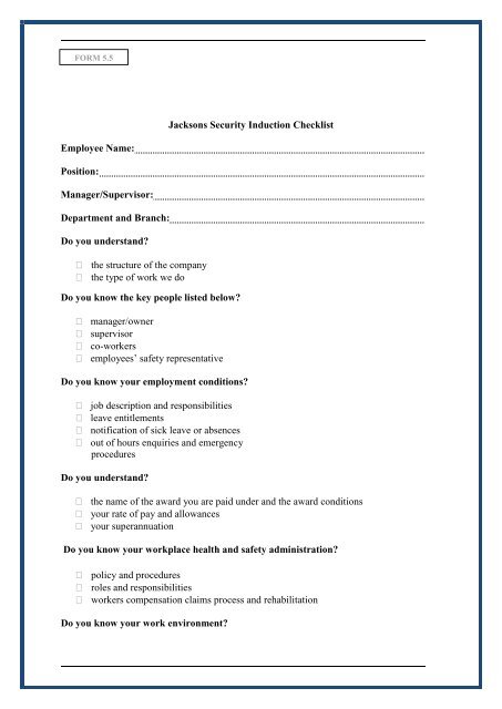 Jacksons Security Induction Checklist Employee Name: Position ...