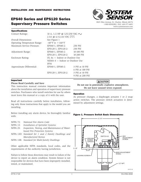 EPS40 Series and EPS120 Series Supervisory Pressure Switches