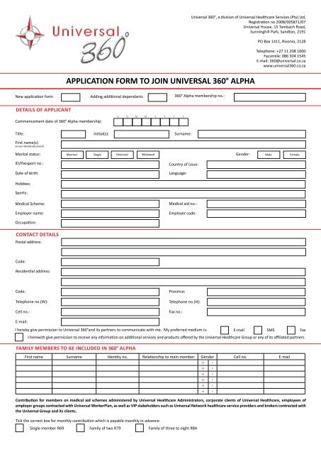 application form to join universal 360Â° alpha - Universal Healthcare