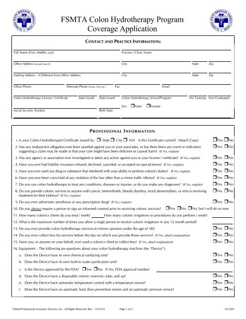FSMTA Colon Hydrotherapy Program Coverage Application