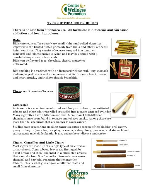 TYPES OF TOBACCO PRODUCTS There is no safe form of tobacco ...