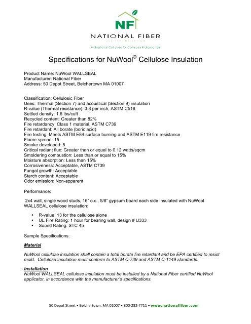 Specifications for Nu-Wool Cellulose Insulation - National Fiber