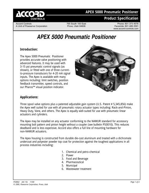 APEX 5000 Pneumatic Positioner - Bay Port Valve & Fitting