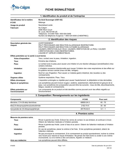 FICHE SIGNALÃ TIQUE 1. Identification du produit et de ... - Nu-Calgon