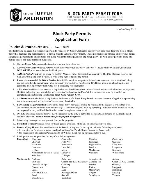 Block Party Permits Application Form - Upper Arlington