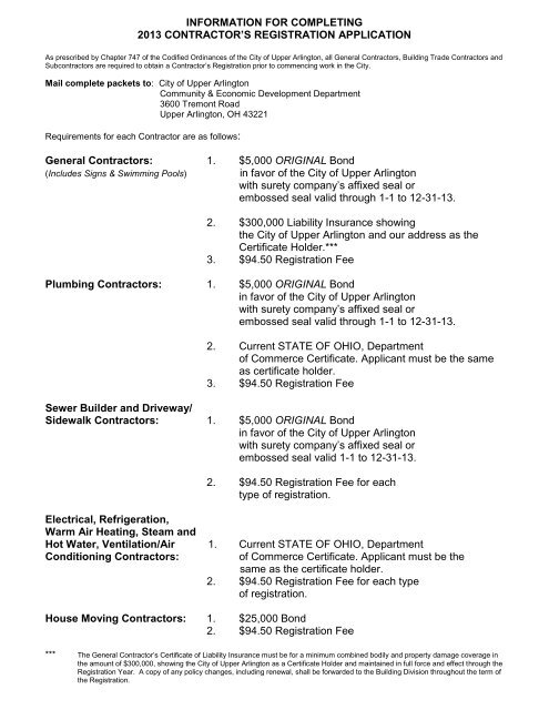CONTRACTOR'S REGISTRATION APPLICATION - Upper Arlington