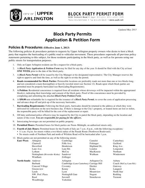 Block Party Permits Application & Petition Form - Upper Arlington