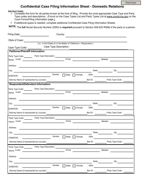 Confidential Case Filing Information Sheet - Domestic Relations