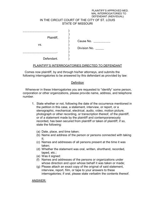 Plaintiff's Approved Med. Mal Interrogatories To Defendant