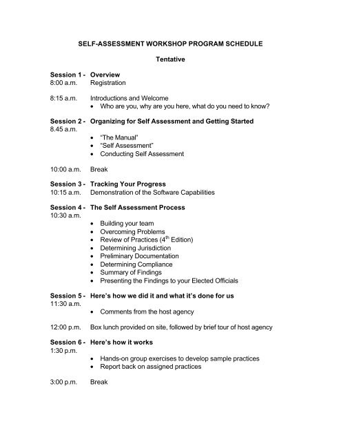 SELF-ASSESSMENT WORKSHOP PROGRAM SCHEDULE ...