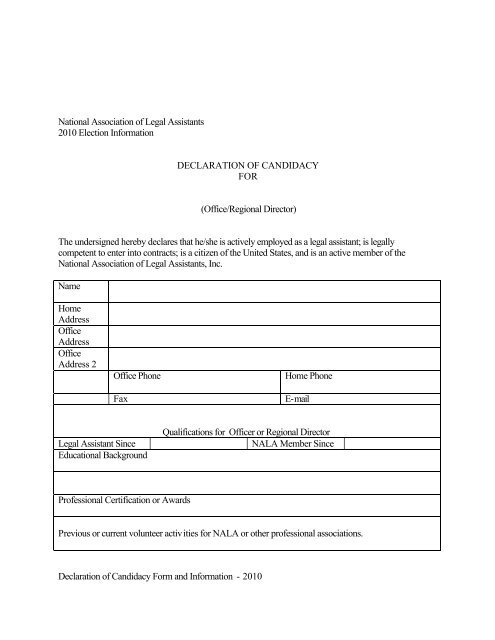 Declaration of Candidacy Form and Information - 2010 National ...