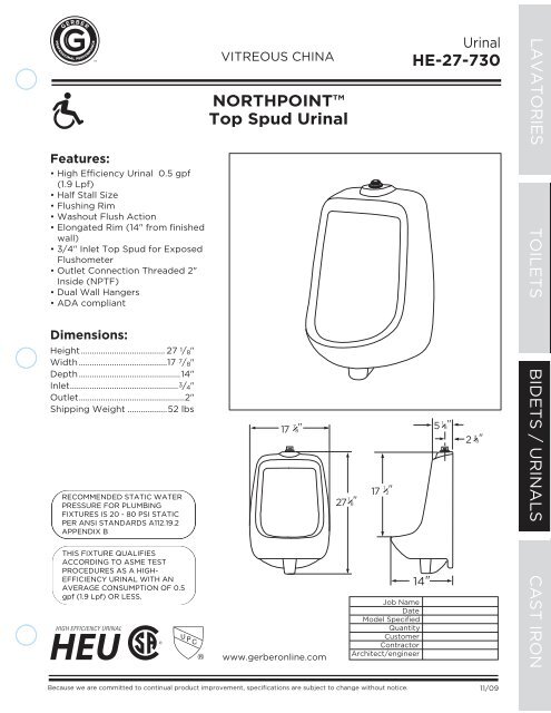 NORTHPOINTâ ¢ Top Spud Urinal HE-27-730 - Gerber