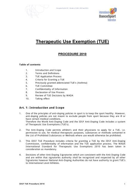 IDSF Therapeutic Use Exemption (TUE) - USA Dance