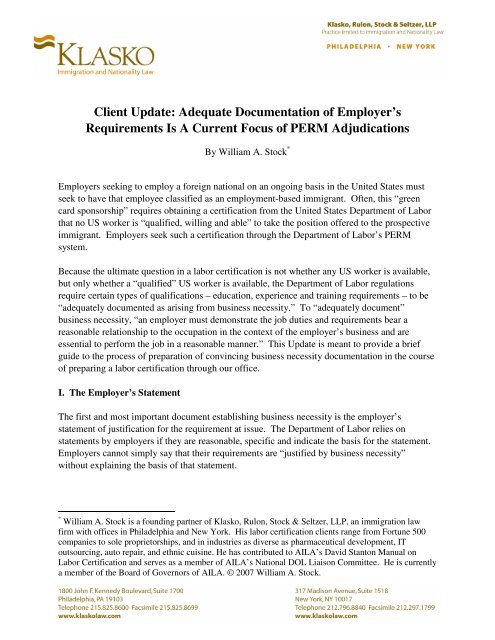 Adequate Documentation of Employer's Requirements