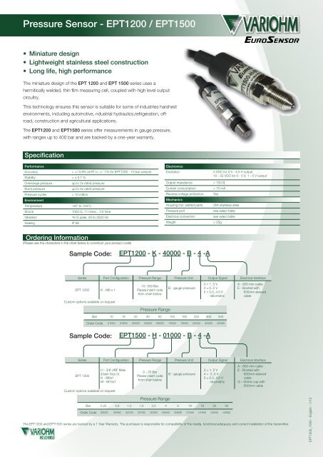 Pressure Sensor - EPT1200 / EPT1500 - Variohm EuroSensor