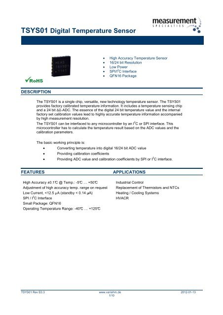 TSYS01 Digital Temperature Sensor - Variohm EuroSensor