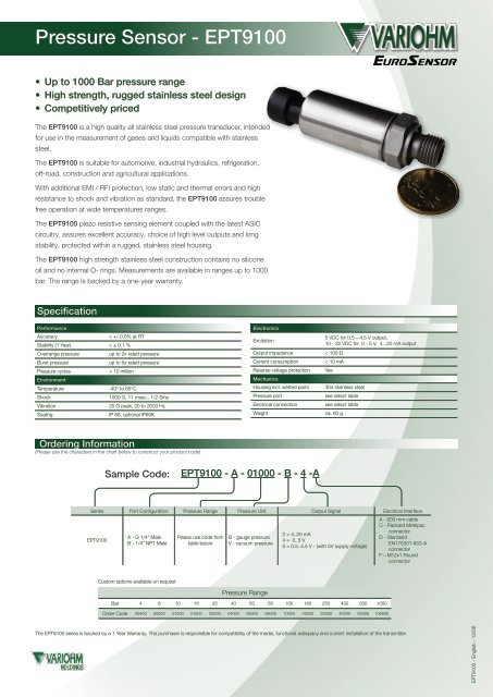 Pressure Sensor - EPT9100 - Variohm EuroSensor