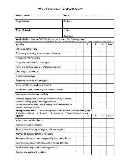 Work Experience Feedback Sheet