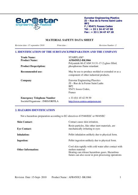 MATERIAL SAFETY DATA SHEET - Eurostar Engineering Plastics