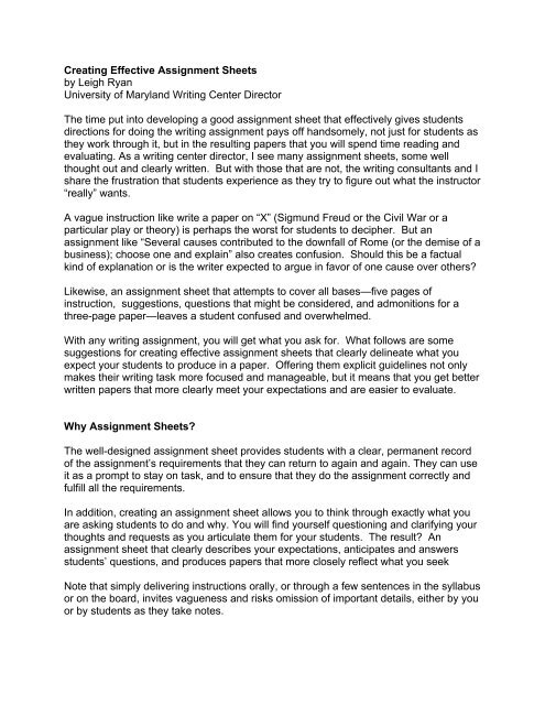 Creating Effective Assignment Sheets. - University of Maryland