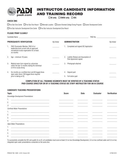 INSTRUCTOR CANDIDATE INFORMATION AND TRAINING RECORD