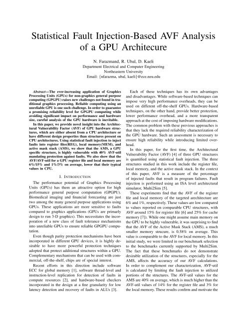 Statistical Fault Injection-Based AVF Analysis of a GPU Architecure