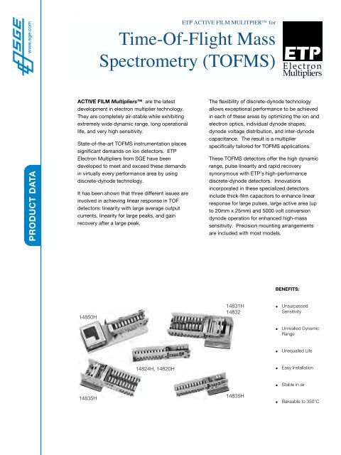 ETP Electron Multipliers for Time-Of-Flight (TOF) MS