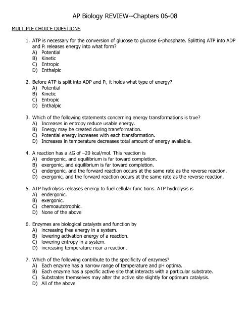 AP Biology REVIEW--Chapters 06-08