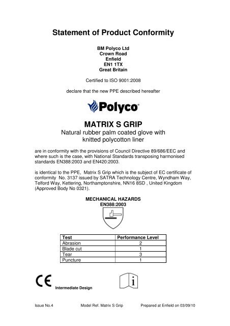 Statement of Product Conformity MATRIX S GRIP - Polyco