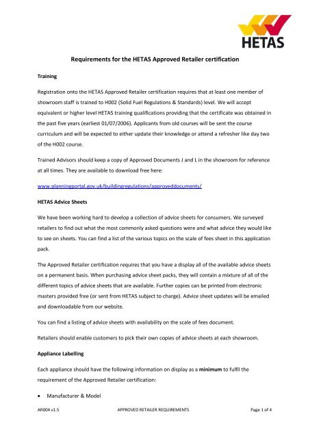 Requirements for the HETAS Approved Retailer certification