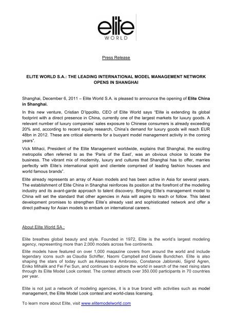 Press Release ELITE WORLD SA: THE LEADING ... - Elite Model Look