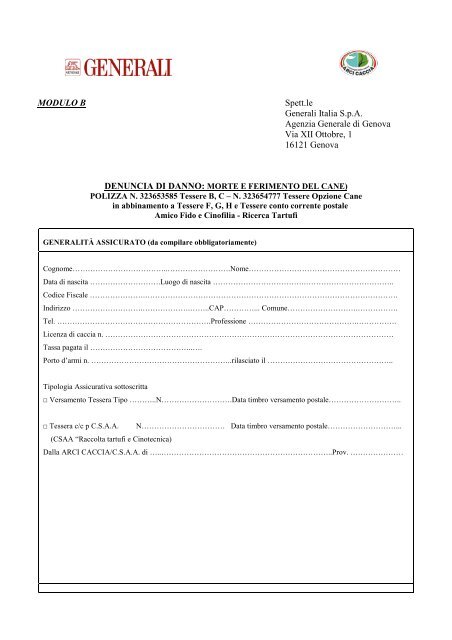 Modulo B - denuncia Morte Cane 2013 U.V. - Arcicaccia