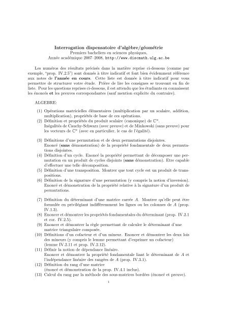 Interrogation dispensatoire d'alg`ebre/géométrie