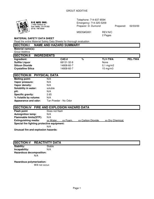 MSDS for EZ-Mix Grout Additive
