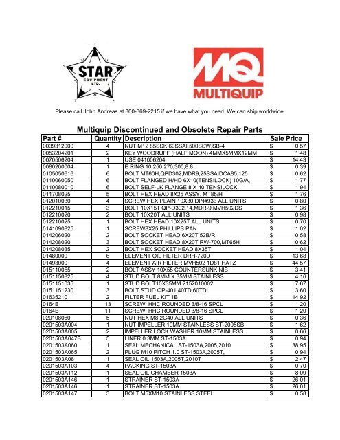 Multiquip Surplus Parts