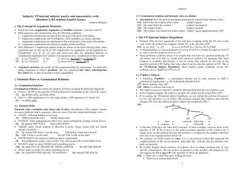 Subjects: VP-internal subjects, passive and unaccusative verbs ...