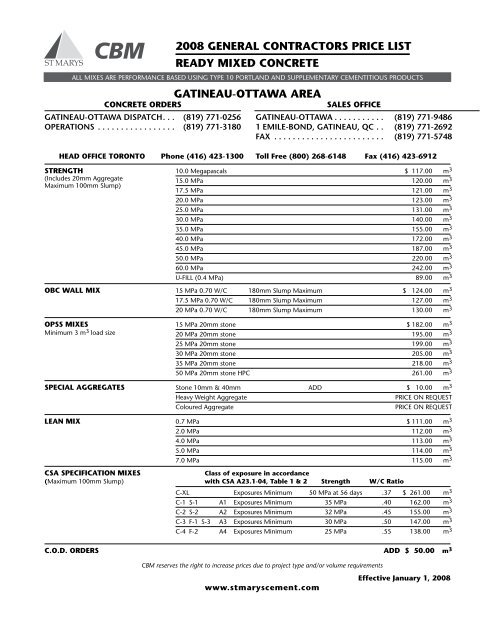2008 general contractors price list ready mixed ... - St Marys Cement