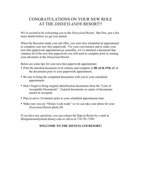 congratulations on your new role at the disneyland ... - Disney Careers