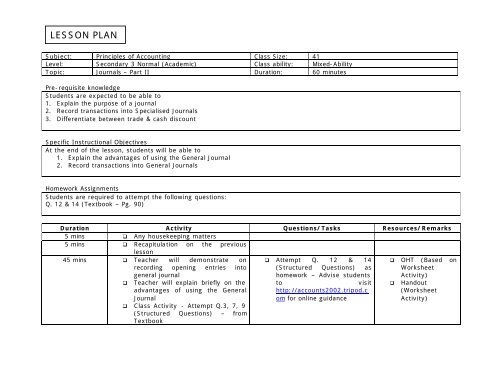 Lesson Plan 5.2 - Principles of Accounts - Tripod