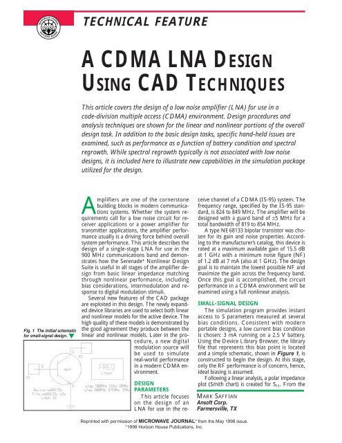 A CDMA LNA DESIGN USING CAD TECHNIQUES