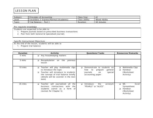 Lesson Plan 11.1 - Principles of Accounts