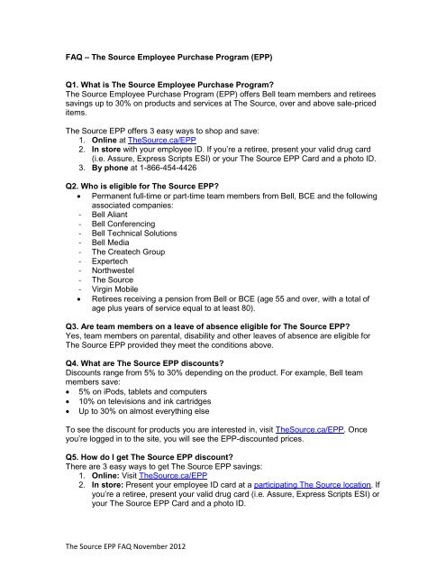 The Source Employee Purchase Program (EPP) - Bell Pensioners ...