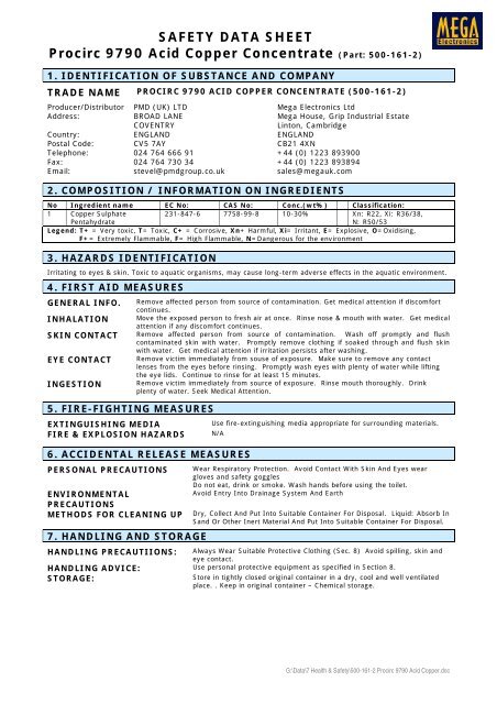MSDS 500-161-2 Procirc 9790 Acid Copper - Mega Electronics