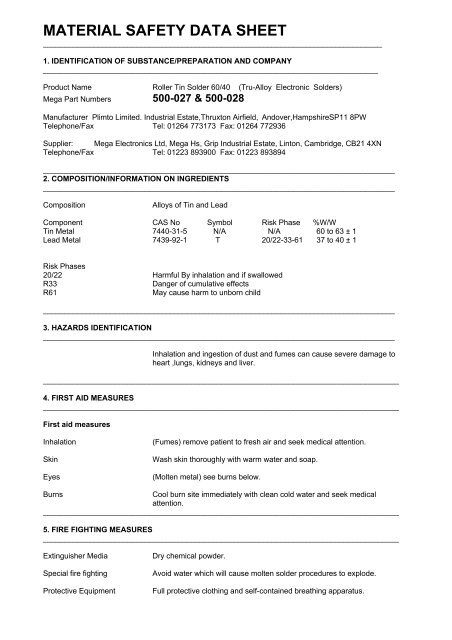 MSDS Roller Tin Solder 500-027 and 028 - Mega Electronics