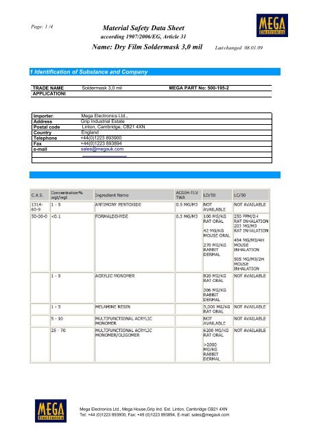 MSDS 500-195-2 Dry Film Solder mask - Mega Electronics