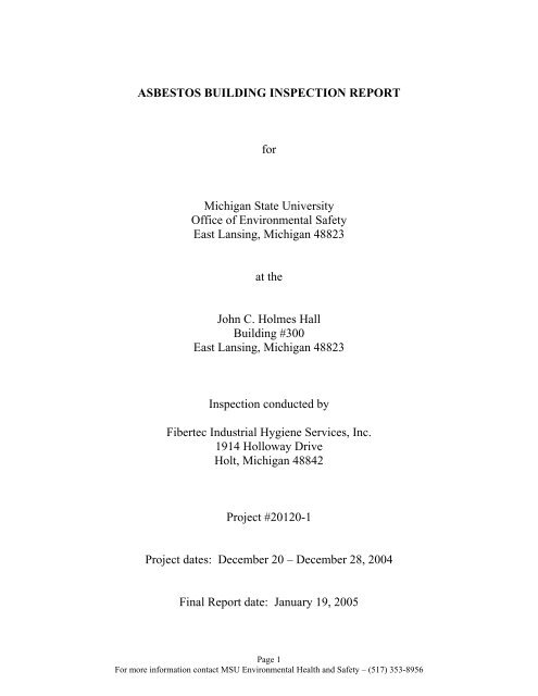 ASBESTOS BUILDING INSPECTION REPORT for ... - aware.msu.edu