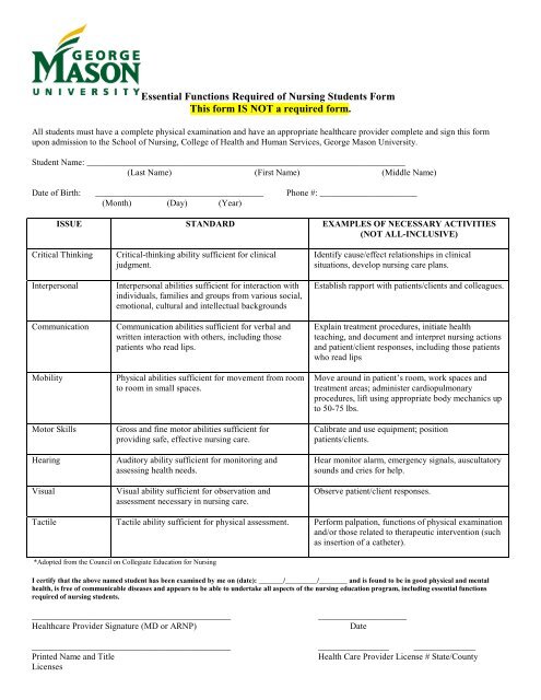 Essential Functions Required of Nursing Students Form - College of ...