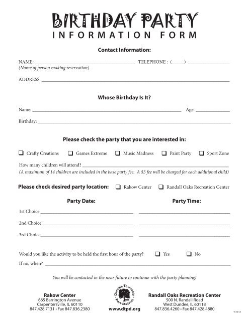 Birthday Party Information Form - Dundee Township Park District