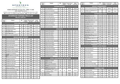 SPORTRON PARTNER PRICE LIST